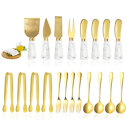 ANGIEHAIE 20 PCs Gold Cheese Spreader Knives Set, Butter Knife Spreaders for Cheese Board Accessories, Mini Cheese Knife Slicer with Serving Tongs Spoons and Fruit Forks Charcuterie Utensils - Gold