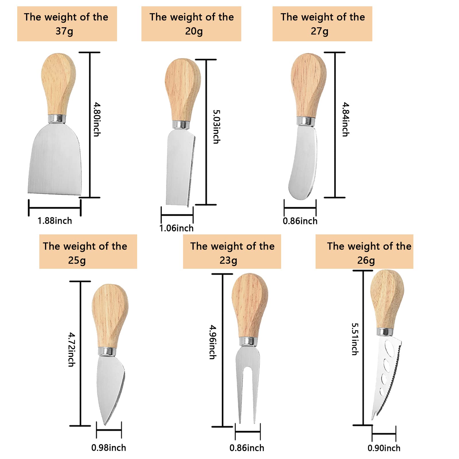 ewori 6 Pcs Cheese Knives Gift Set with Wood Handles Stainless Steel