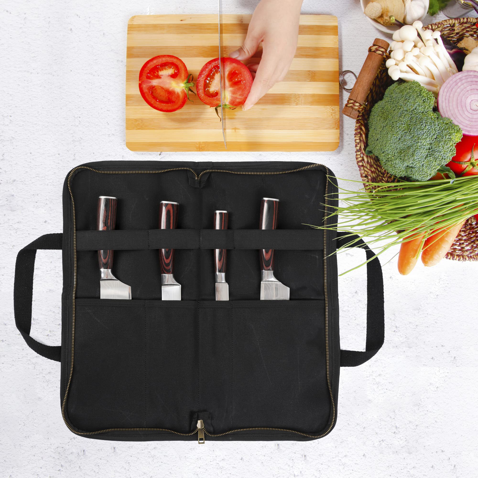 Kaaltisy Knife Srotage Bag, Heavy Duty 16oz Waxed Canvas Knife Case with Professional Anti-Cut Fabric Lining, Portable 4 Slots Chef Knife Storage Roll Bag - Black