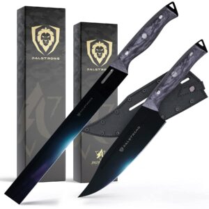 dalstrong delta wolf series chef knife 10" bundled with delta wolf series slicing & carving knife 12" with pu leather sheath - black titanium nitride coating - g10 camo handle