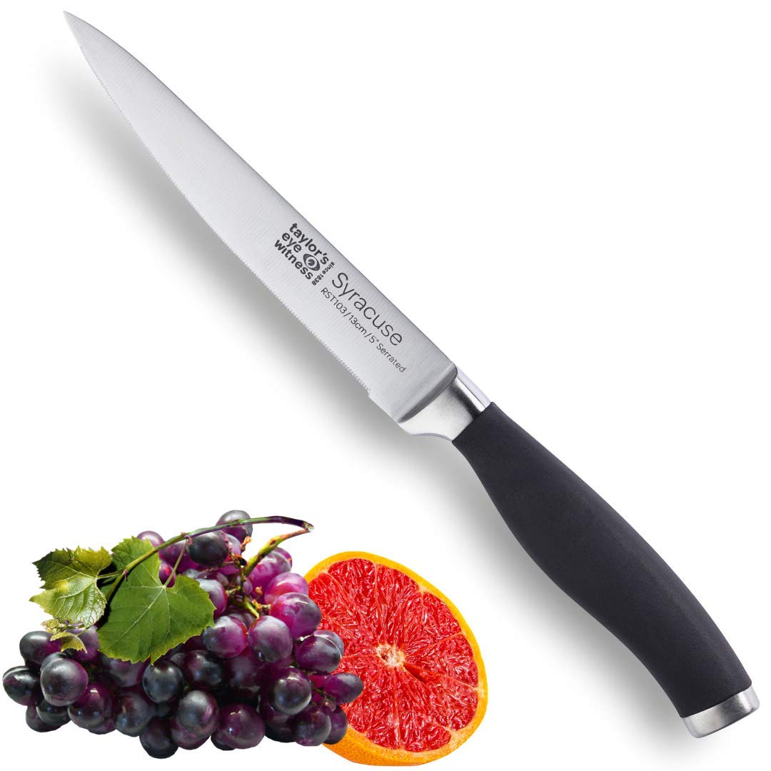 Taylors Eye Witness Syracuse Serrated Utility Kitchen Knife - Professional 13cm/5” Cutting Edge, Multi Use. Ultra Fine Toothed, Razor Sharp Blade. Soft Textured Grip Matte Black Handle.