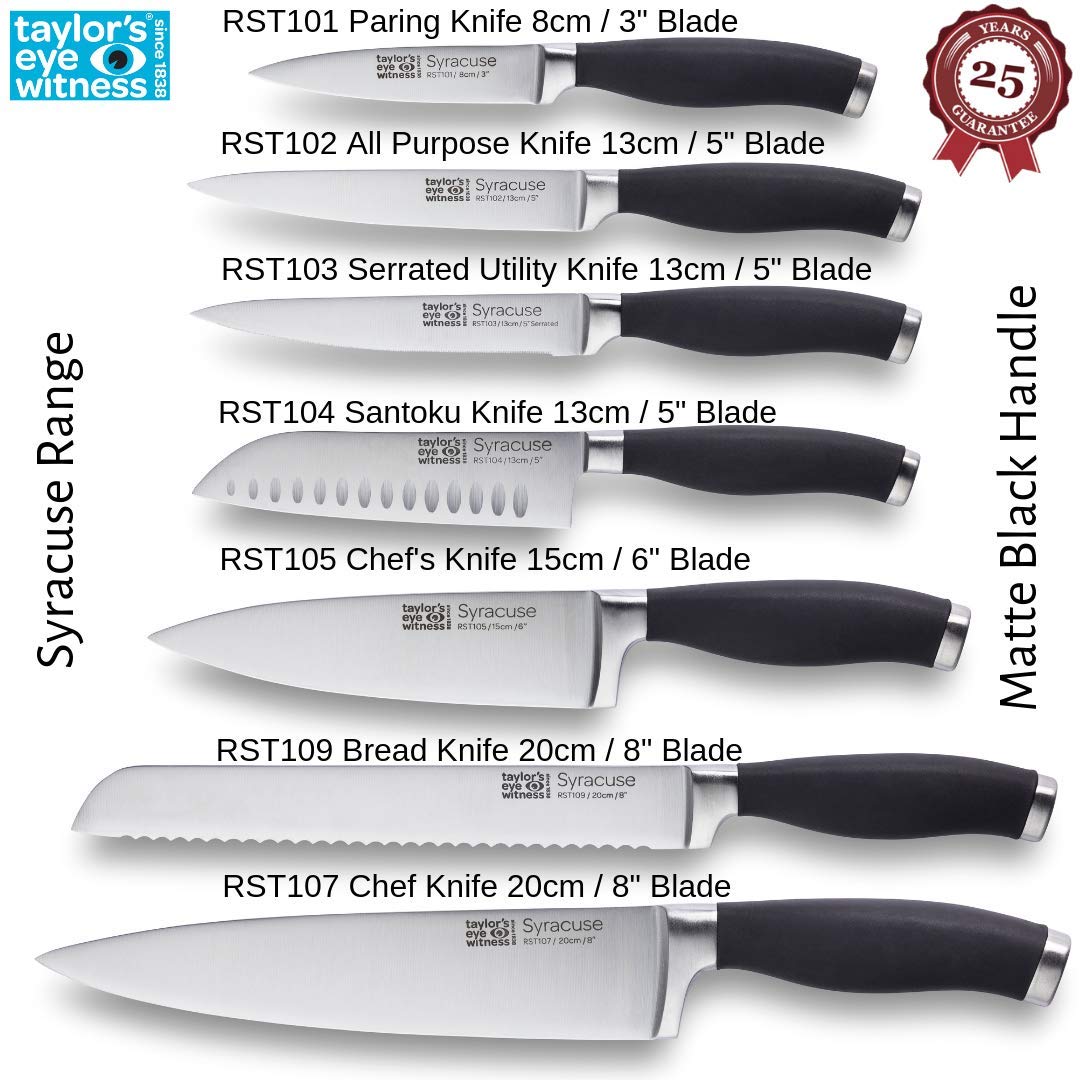 Taylors Eye Witness Syracuse Serrated Utility Kitchen Knife - Professional 13cm/5” Cutting Edge, Multi Use. Ultra Fine Toothed, Razor Sharp Blade. Soft Textured Grip Matte Black Handle.