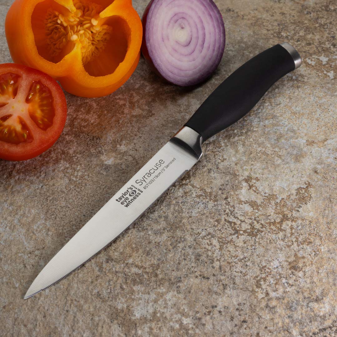 Taylors Eye Witness Syracuse Serrated Utility Kitchen Knife - Professional 13cm/5” Cutting Edge, Multi Use. Ultra Fine Toothed, Razor Sharp Blade. Soft Textured Grip Matte Black Handle.