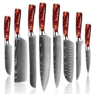 senken 8-piece japanese kitchen knife set with red resin handle and laser damascus pattern - crimson collection - chef's knife, santoku knife, paring knife, & more - ultra sharp for very fast cutting