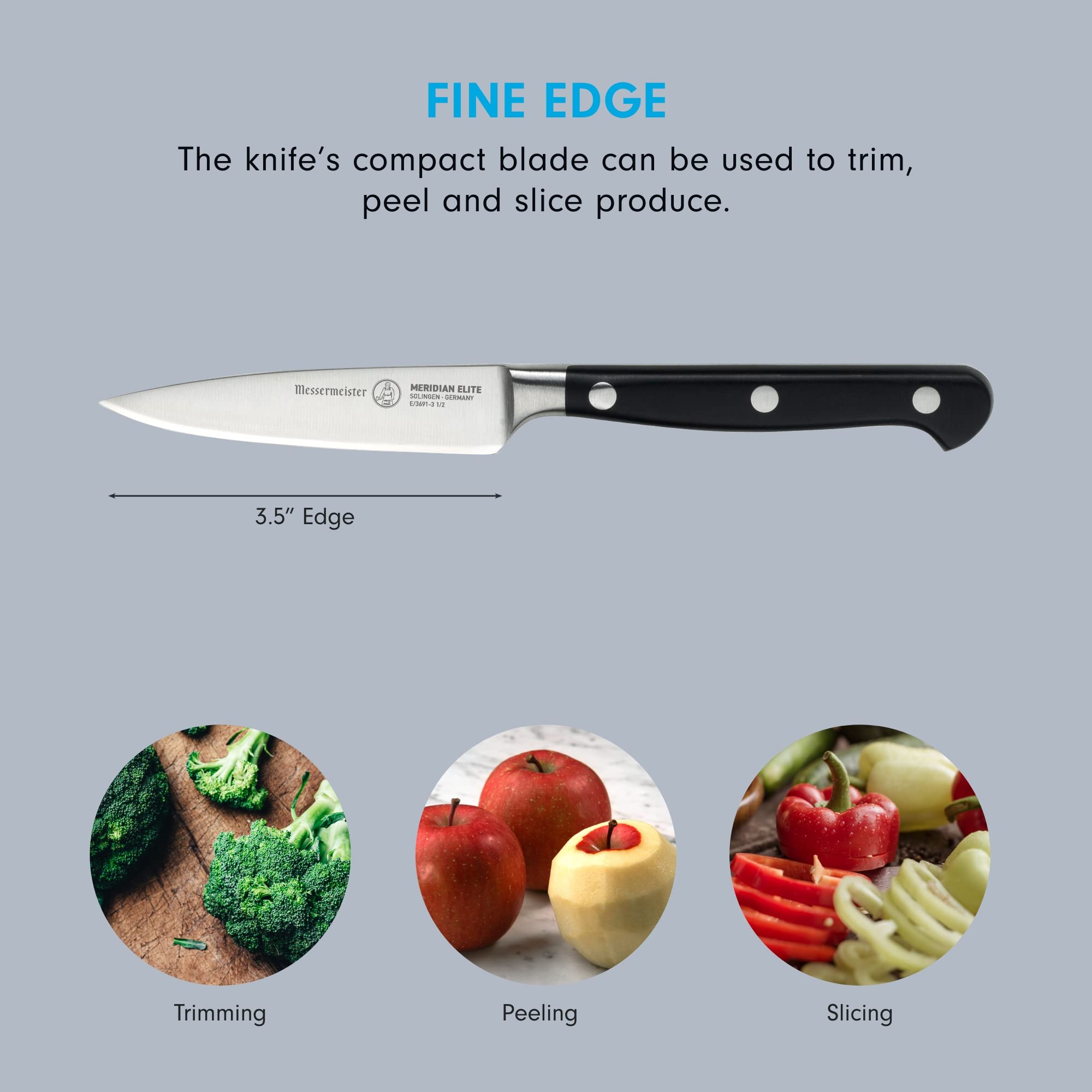 Messermeister Meridian Elite 3.5” Spear Point Paring Knife - Fine German Steel Alloy Blade - Rust Resistant & Easy to Maintain