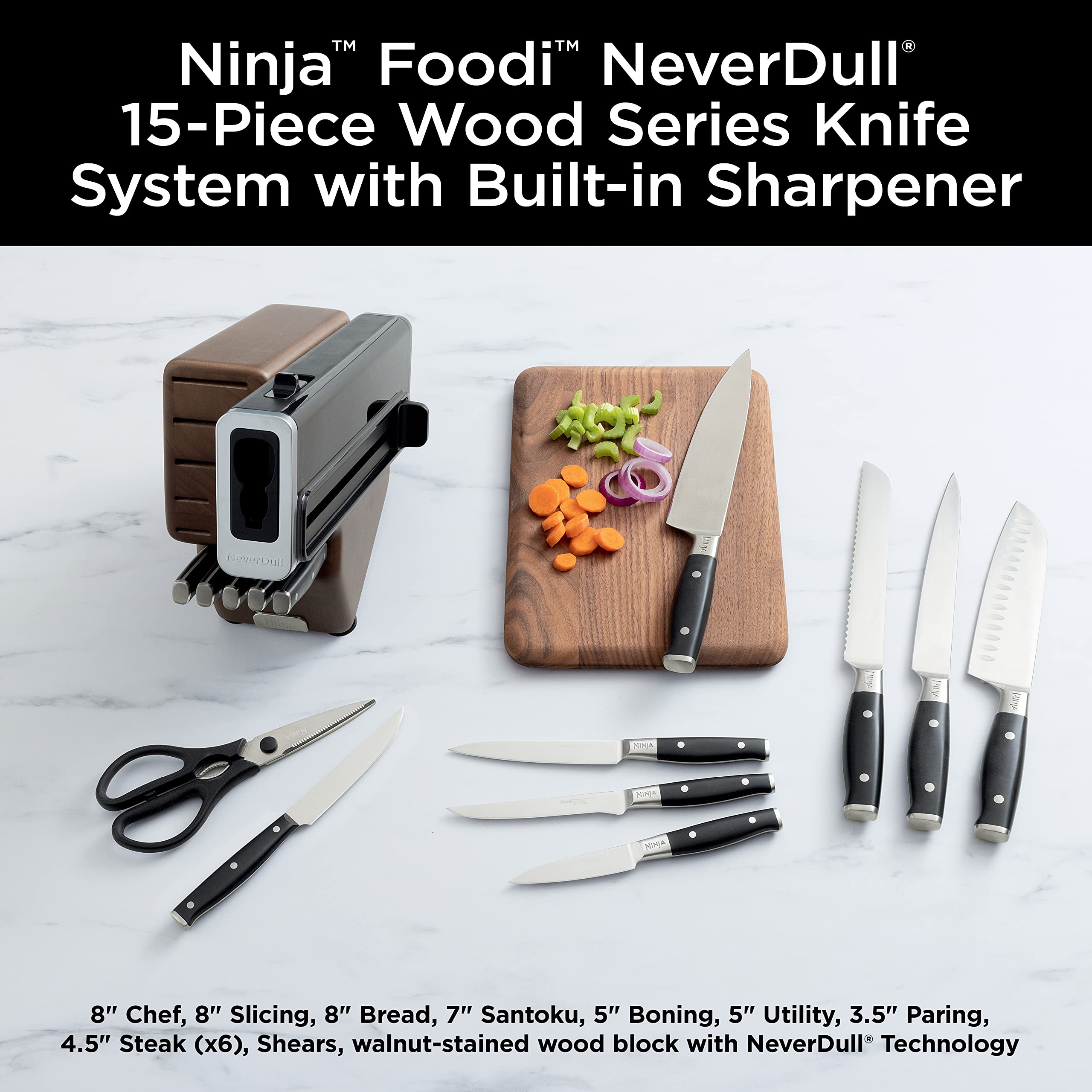 Ninja K52015 Foodi NeverDull 15 Piece Premium Knife System, Wood Series Block + Ninja C39800 Foodi NeverStick Premium 12-Piece Cookware Set