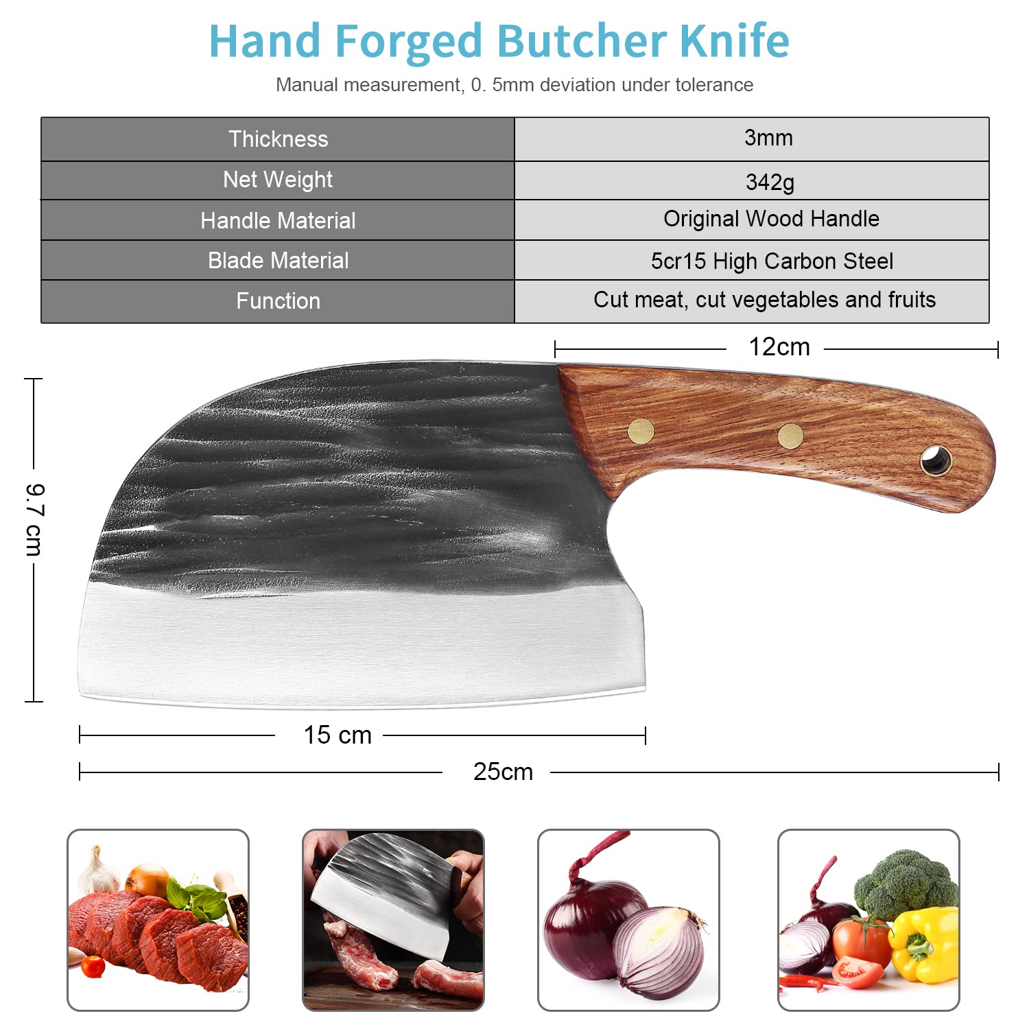 Kitchen Meat Cleaver Knife, High-Carbon Steel Serbian Chef Butcher Knife, Sharp Hand Forged Vegetable Gyuto Knife, Full Tang Handle, with leather sheath, for Kitchen or Camping Outdoor