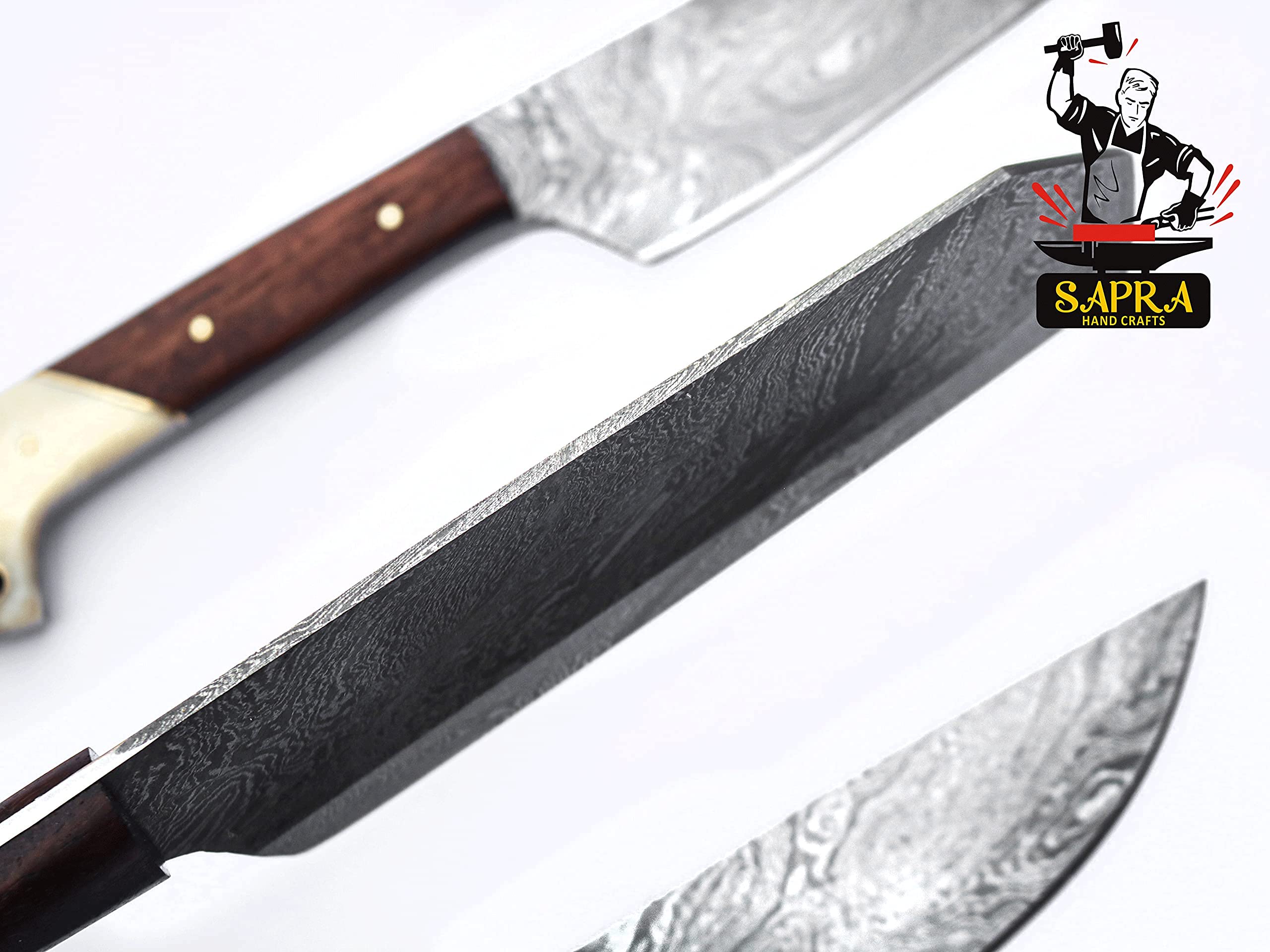 Sapra Hand Forged Damascus Steel Outdoor BBQ Professional Utility knives chef knife set for kitchen With Handmade Leather bag P-2090-RB-KCS