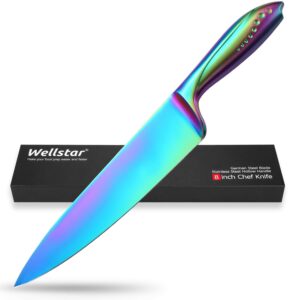 wellstar chef knife 8 inch, razor sharp german steel blade and comfortable finger guard handle with rainbow titanium coated for kitchen meat sushi vegetable fruit cutting slicing dicing, gift box