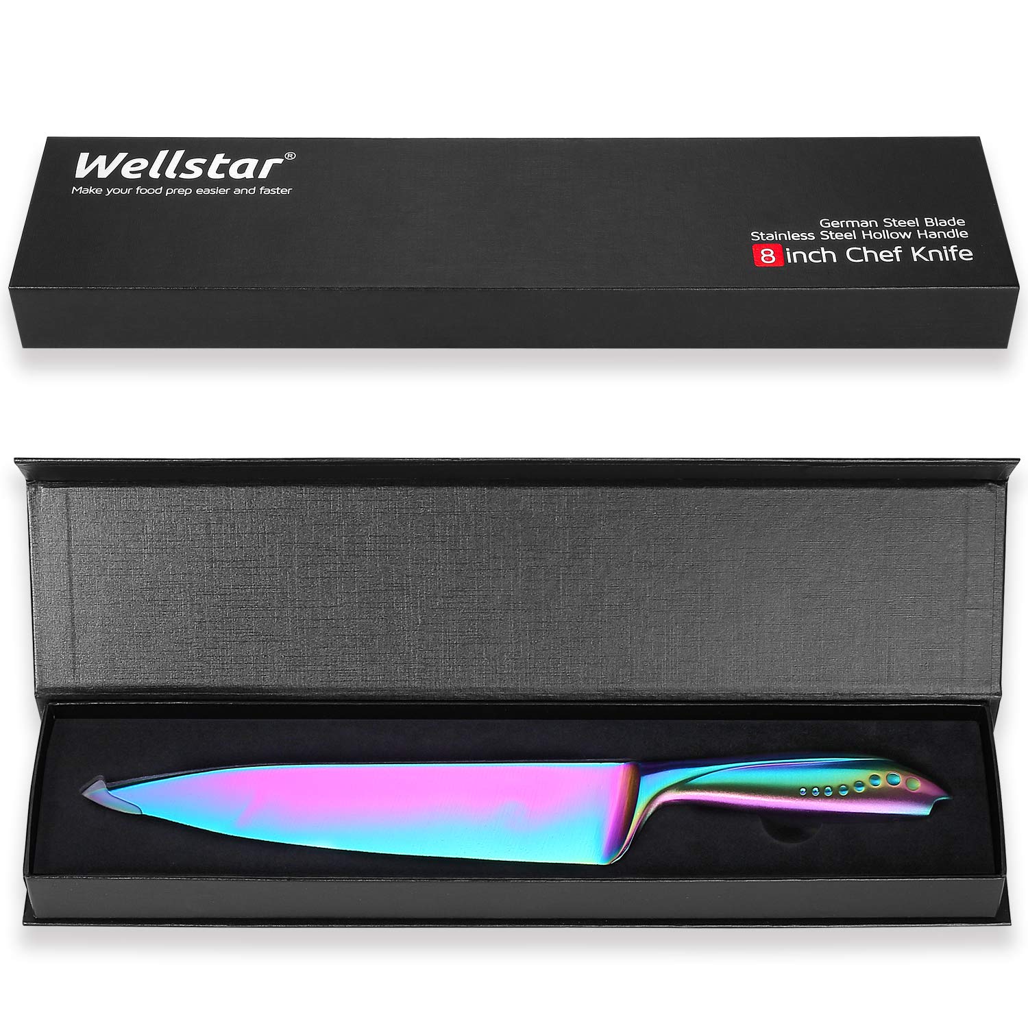 WELLSTAR Chef Knife 8 Inch, Razor Sharp German Steel Blade and Comfortable Finger Guard Handle with Rainbow Titanium Coated for Kitchen Meat Sushi Vegetable Fruit Cutting Slicing Dicing, Gift Box