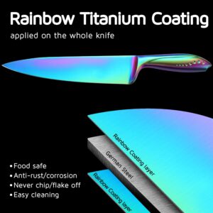 WELLSTAR Chef Knife 8 Inch, Razor Sharp German Steel Blade and Comfortable Finger Guard Handle with Rainbow Titanium Coated for Kitchen Meat Sushi Vegetable Fruit Cutting Slicing Dicing, Gift Box