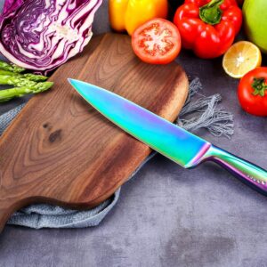 WELLSTAR Chef Knife 8 Inch, Razor Sharp German Steel Blade and Comfortable Finger Guard Handle with Rainbow Titanium Coated for Kitchen Meat Sushi Vegetable Fruit Cutting Slicing Dicing, Gift Box