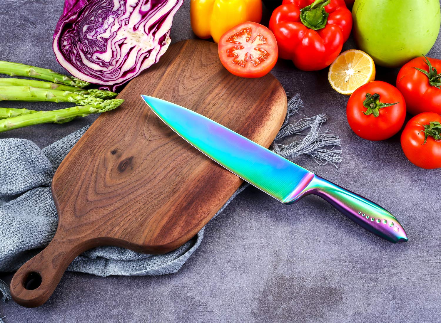 WELLSTAR Chef Knife 8 Inch, Razor Sharp German Steel Blade and Comfortable Finger Guard Handle with Rainbow Titanium Coated for Kitchen Meat Sushi Vegetable Fruit Cutting Slicing Dicing, Gift Box