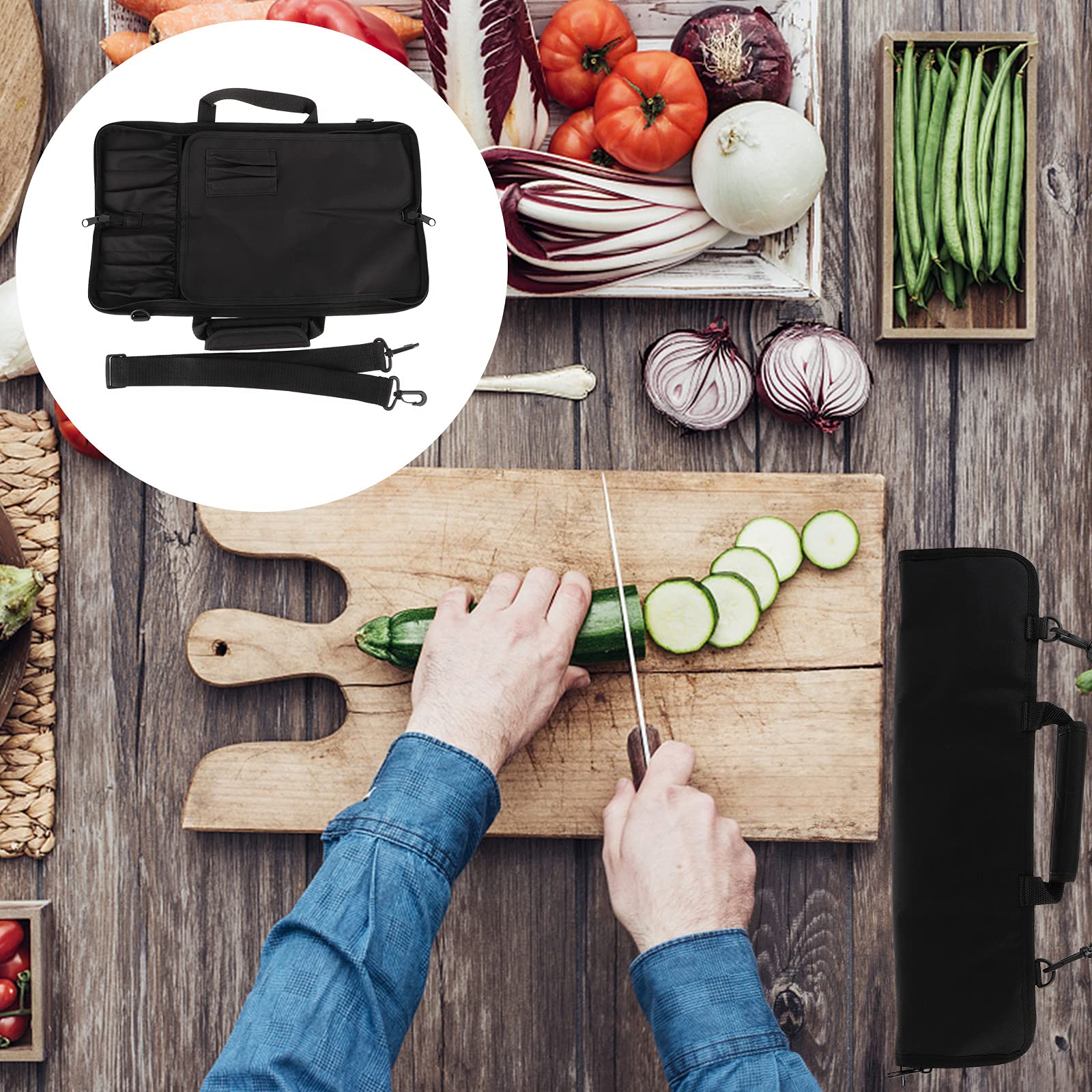 Angoily 1PCS Black Chef Knife Roll Bag for Chefs, 7 Slots Portable Chef Knife Case Storage Roll Bag with Carry Handle and Adjustable Band