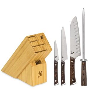 shun cutlery kanso 5-piece block set, kitchen knife and knife block set, includes 3.5” paring knife, 7” santoku knife, 6” utility knife & honing steel, handcrafted japanese kitchen knives