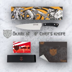 OKAMI Chef's Knife 8 Inch - Asgard Series - Professional German Stainless Steel - Extra Sharp - Full Tang - Mirror Polished - with Edge Guard - Black