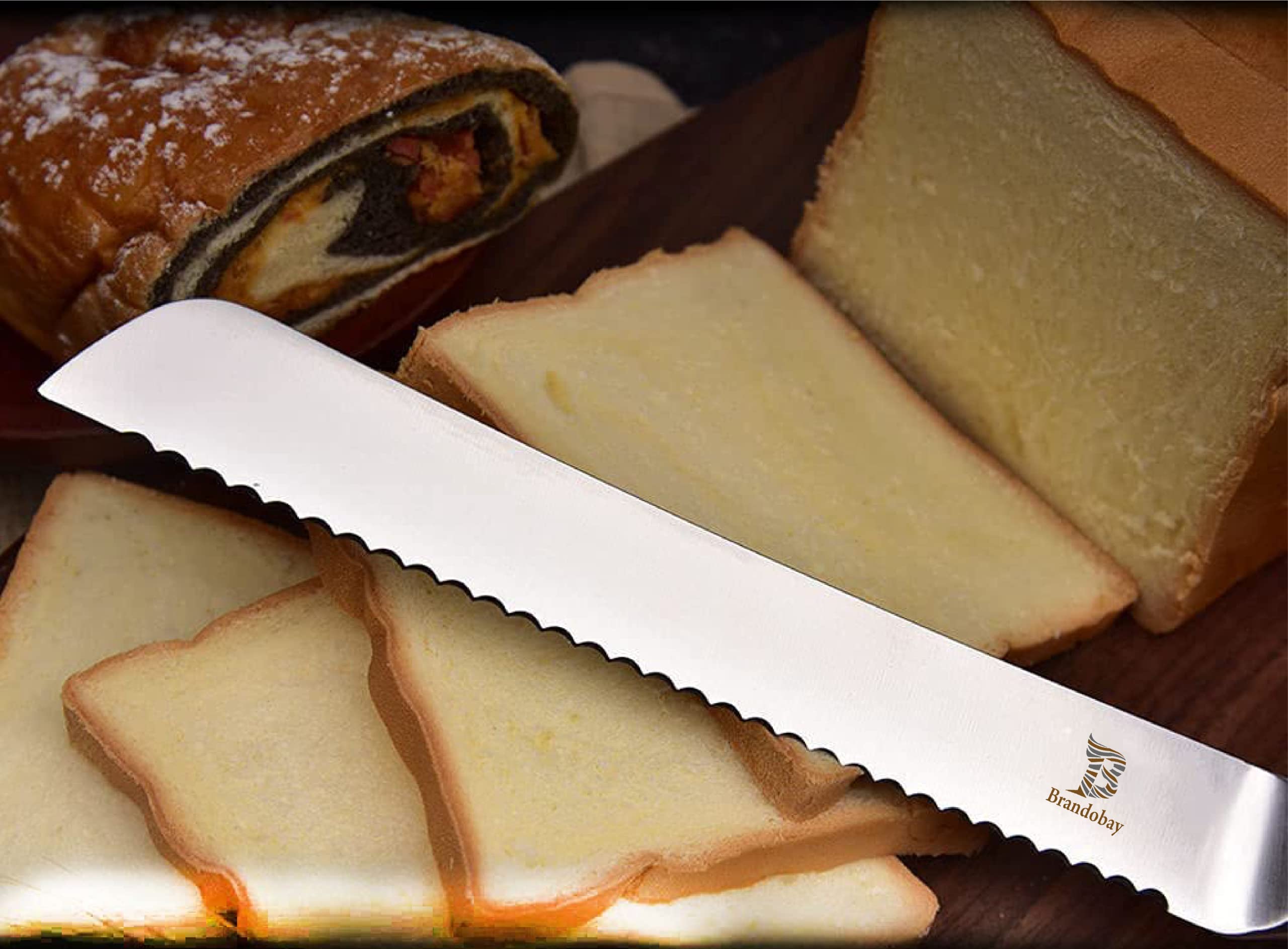 Brandobay Bread Knife 8-Inch, High Stainless Steel, Ergonomic Handle, Cakes Slicing Knife