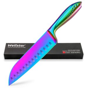 santoku knife 7 inch wellstar, super sharp german steel kitchen cooking knife with comfortable handle and rainbow titanium coating for chopping slicing dicing and mincing of meat vegetables and fruits