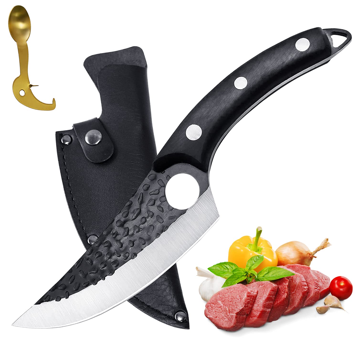 VECELO Viking Knife with Sheath, Butcher Boning Knife Forged Boning Knife High Carbon Steel Meat Cleaver Knife Multipurpose Chef Knives for Kitchen, BBQ, Camping, Gifts for Parent, Friends