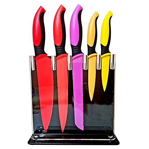 Kitchenson High Carbon Stainless Steel Fancy Colorful Knife Set with Protective - Lucrative Acrylic Stand, Pack of 5 Non-Stick Ceramic Coated, Chef, Bread, Carving, and paring Rainbow Kitchen Knives