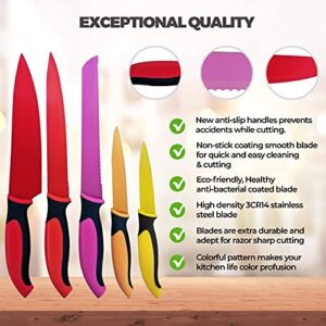 Kitchenson High Carbon Stainless Steel Fancy Colorful Knife Set with Protective - Lucrative Acrylic Stand, Pack of 5 Non-Stick Ceramic Coated, Chef, Bread, Carving, and paring Rainbow Kitchen Knives