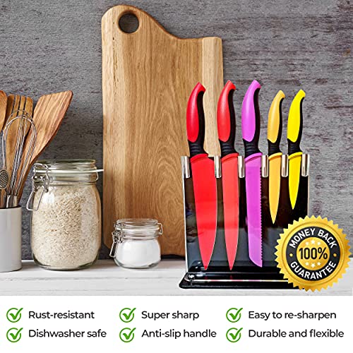 Kitchenson High Carbon Stainless Steel Fancy Colorful Knife Set with Protective - Lucrative Acrylic Stand, Pack of 5 Non-Stick Ceramic Coated, Chef, Bread, Carving, and paring Rainbow Kitchen Knives