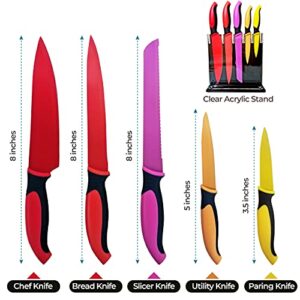 Kitchenson High Carbon Stainless Steel Fancy Colorful Knife Set with Protective - Lucrative Acrylic Stand, Pack of 5 Non-Stick Ceramic Coated, Chef, Bread, Carving, and paring Rainbow Kitchen Knives