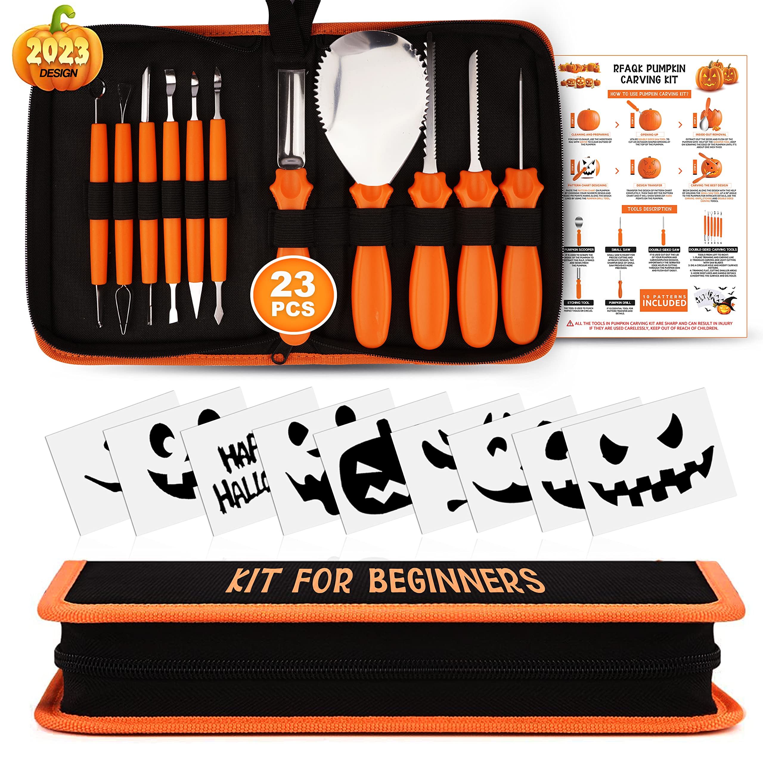 RFAQK Pumpkin Carving Kit with Stencils-23PCS Halloween Pumpkin Carving Tools and Patterns for Beginners Heavy Duty Stainless-Steel Professional set for Halloween Jack o Lantern