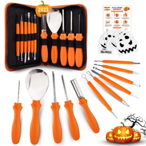 RFAQK Pumpkin Carving Kit with Stencils-23PCS Halloween Pumpkin Carving Tools and Patterns for Beginners Heavy Duty Stainless-Steel Professional set for Halloween Jack o Lantern