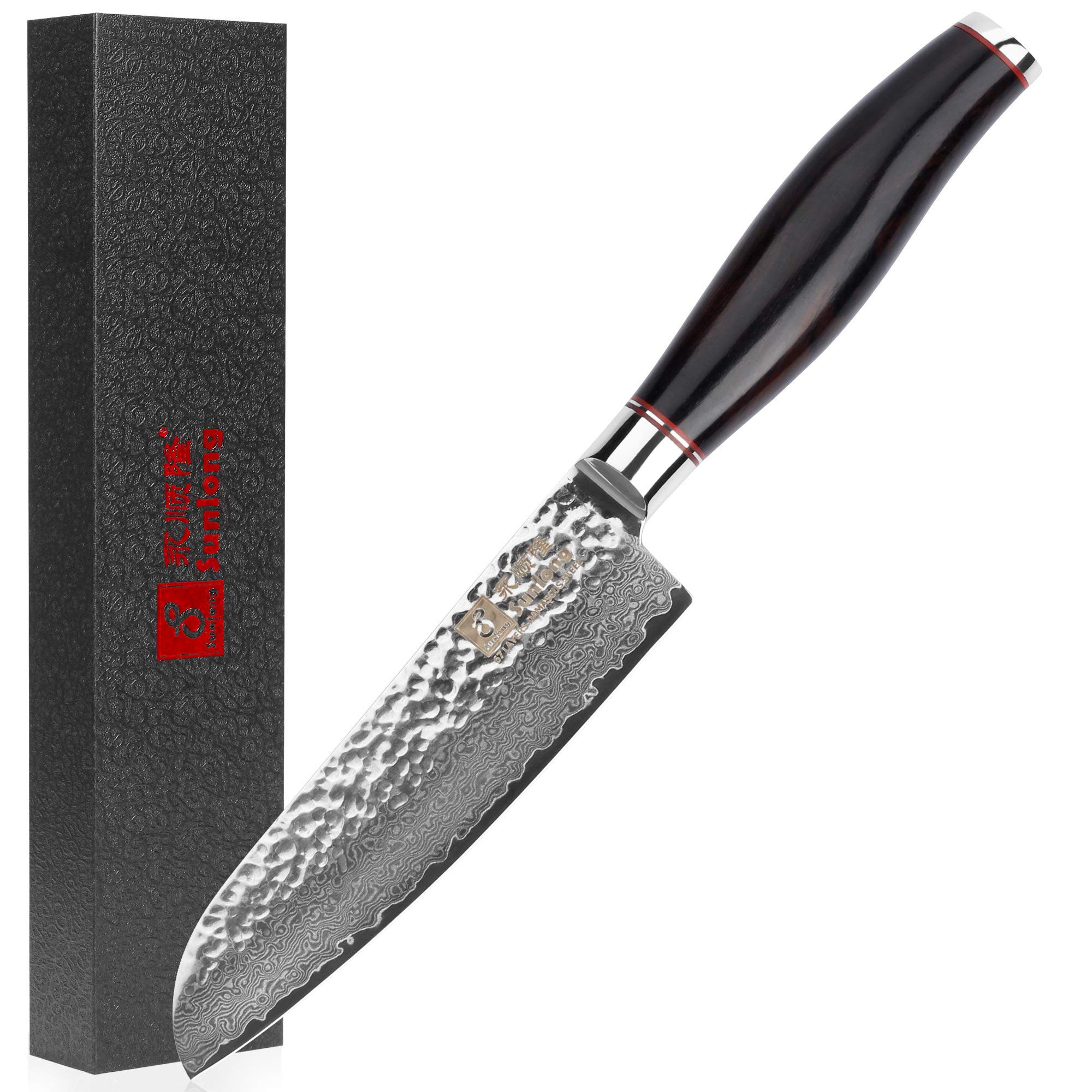 Sunlong Chef's Knives Santoku 5 inch Japanese Hammered Damascus Steel Natural Ebony Wood Handle