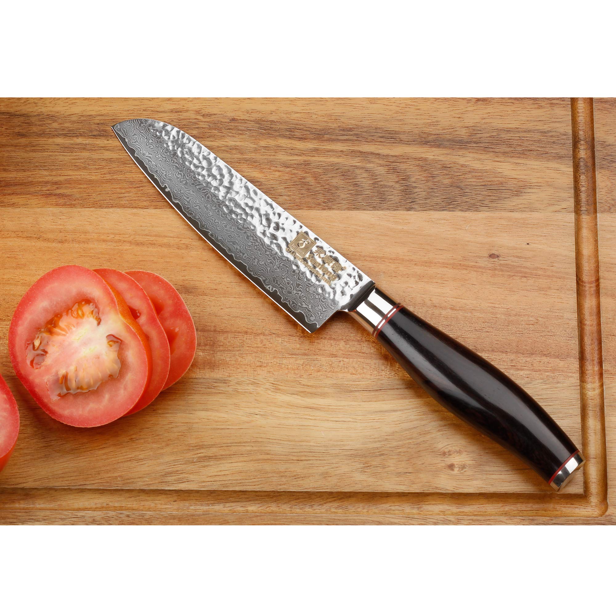 Sunlong Chef's Knives Santoku 5 inch Japanese Hammered Damascus Steel Natural Ebony Wood Handle