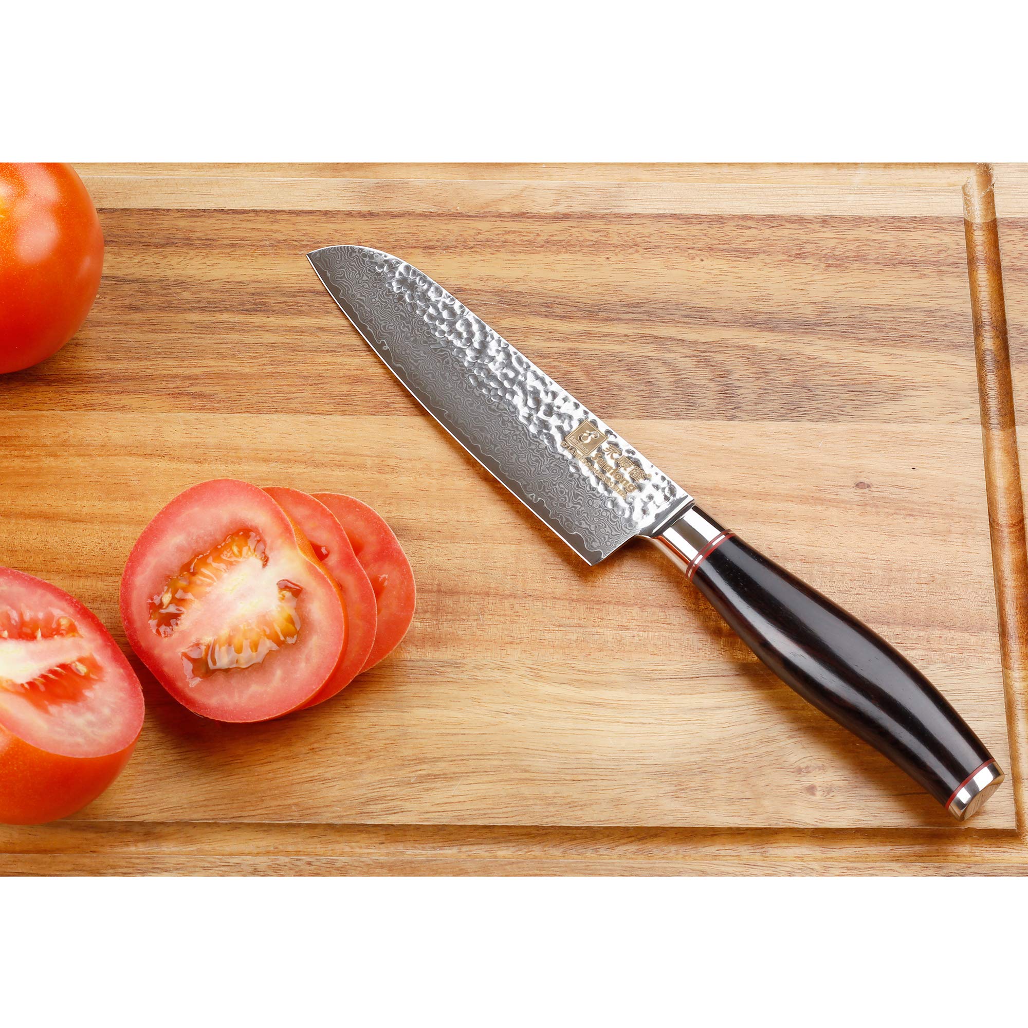 Sunlong Chef's Knives Santoku 5 inch Japanese Hammered Damascus Steel Natural Ebony Wood Handle