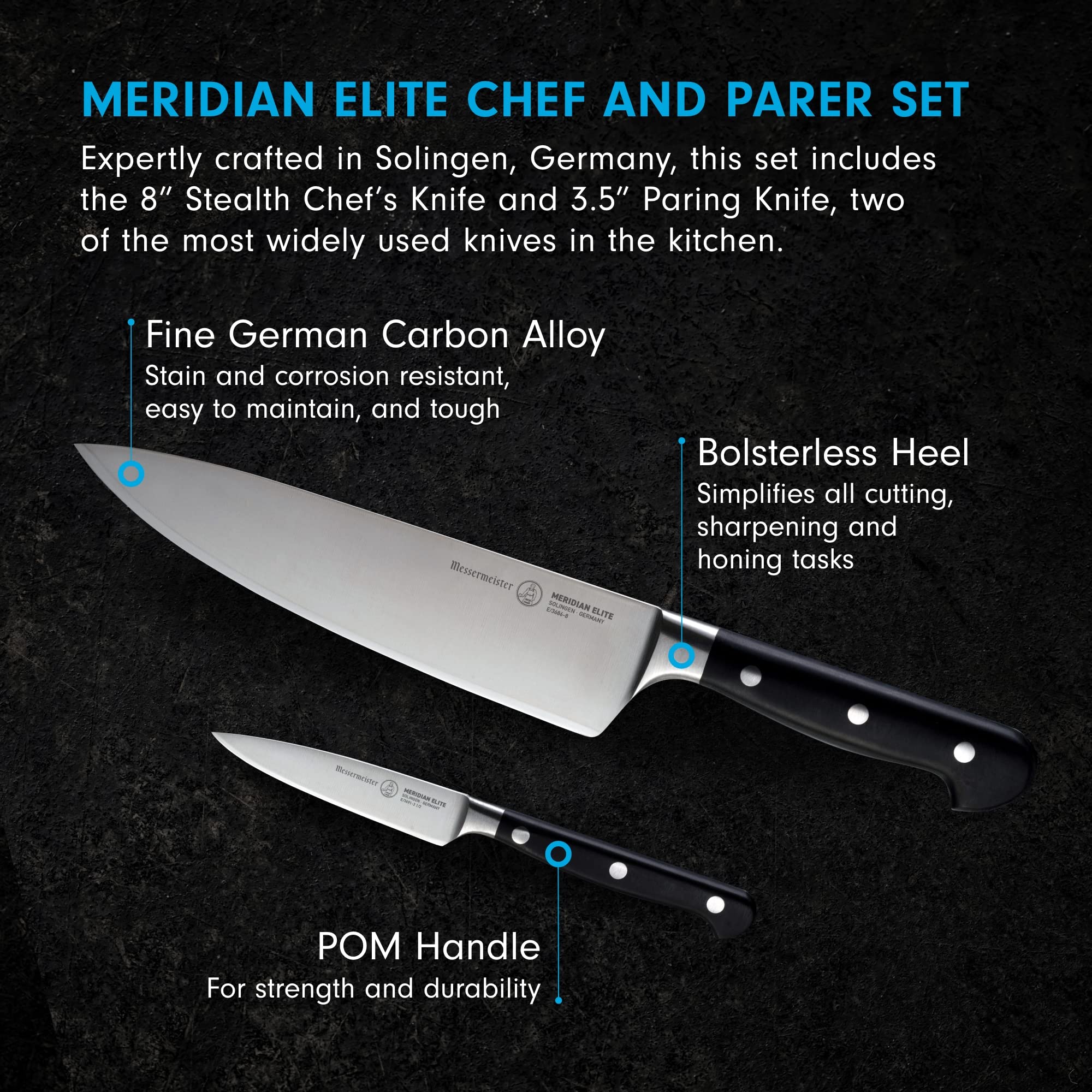 Messermeister Meridian Elite Chef & Parer Set - Includes 8" Stealth Chef's Knife & 3.5" Paring Knife - Rust Resistant & Easy to Maintain