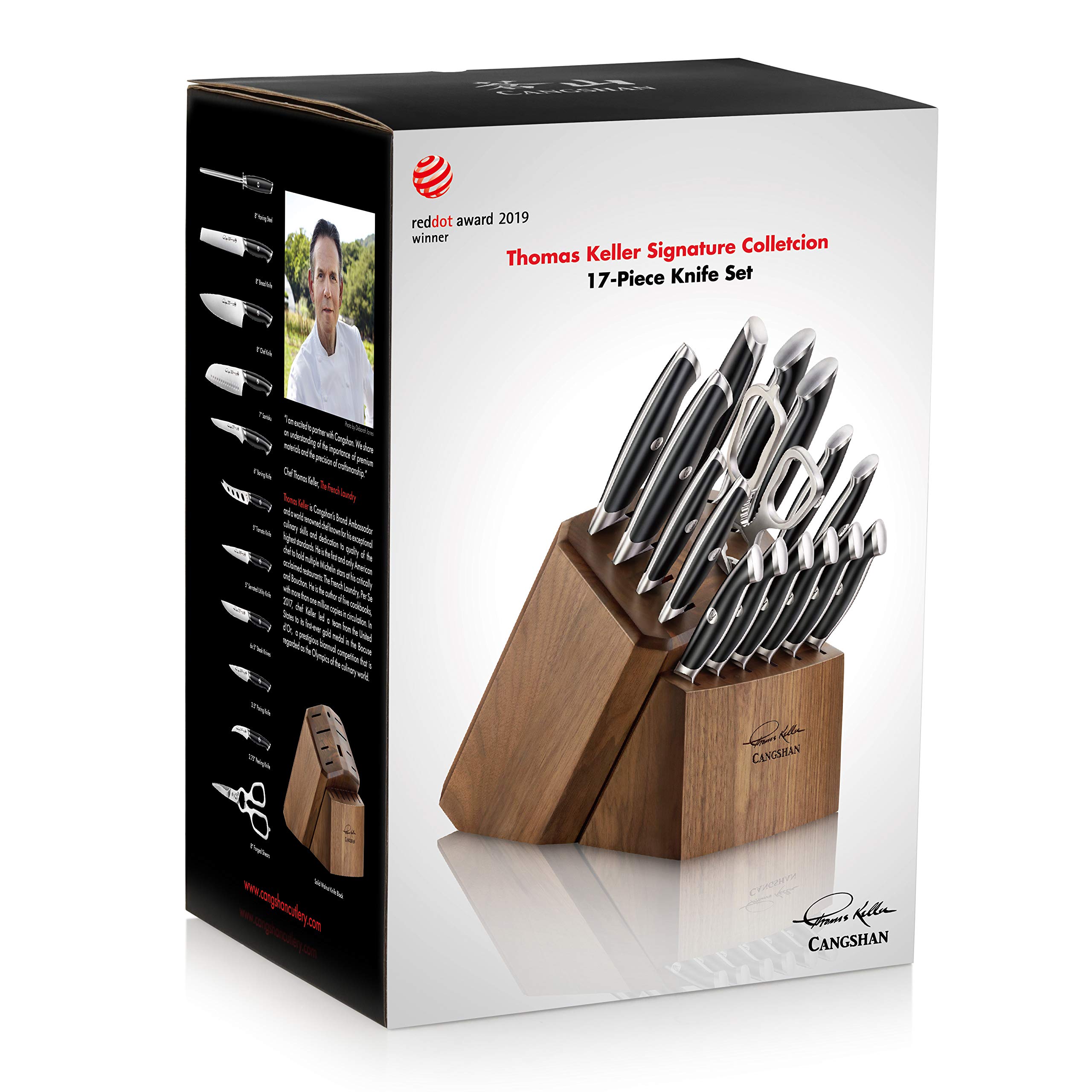 Cangshan Thomas Keller Signature Collection Swedish Powder Steel Forged, 17-Piece Knife Block Set, Walnut, Black