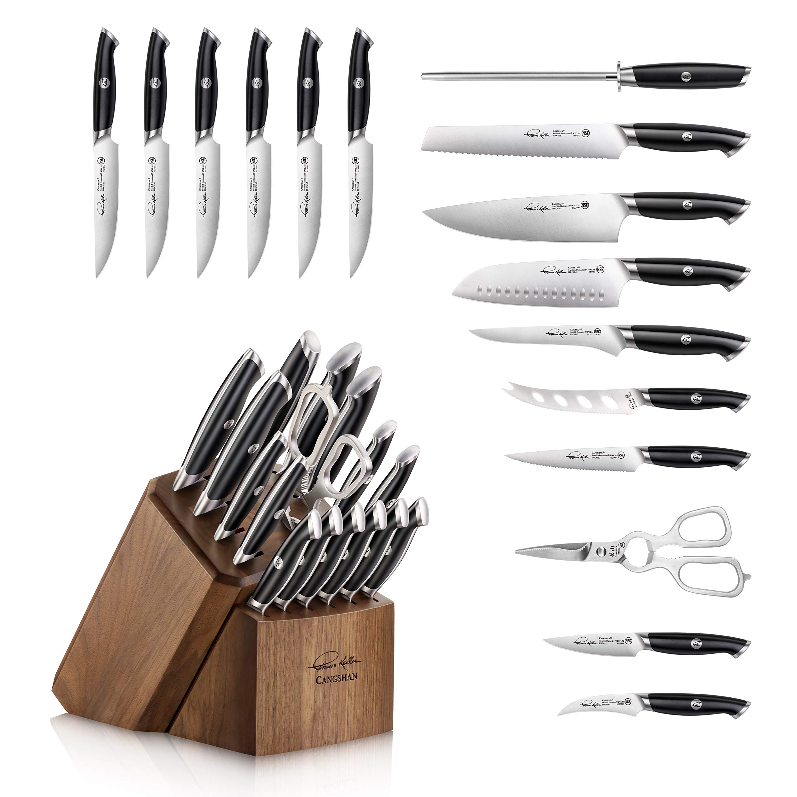 Cangshan Thomas Keller Signature Collection Swedish Powder Steel Forged, 17-Piece Knife Block Set, Walnut, Black