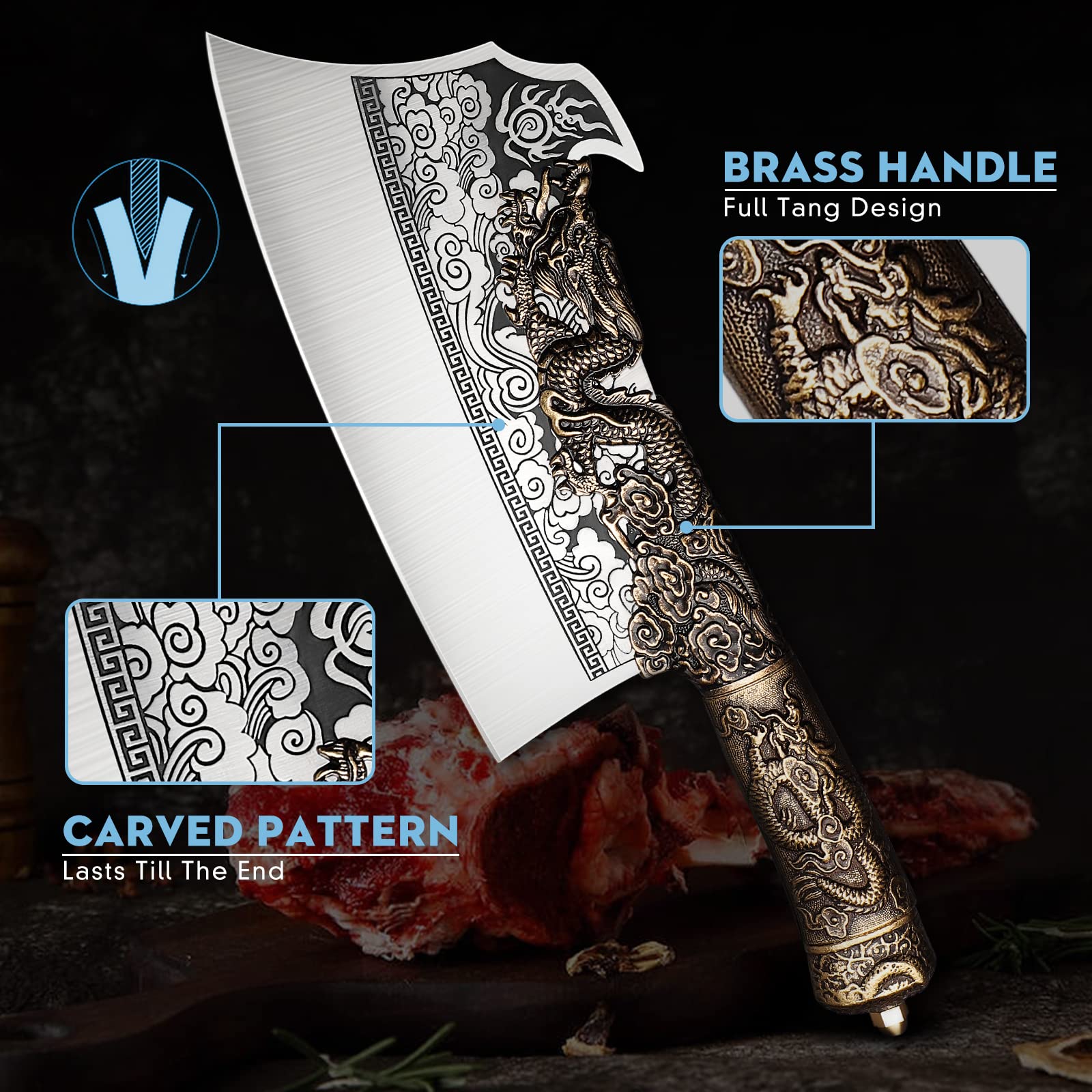 Feather Viking Knife Dragon Butcher Bone Cleaver Knife Set Boning Knife Kitchen Cleaver with Sheath for Outdoor Camping BBQ Collection Christmas Gift Men