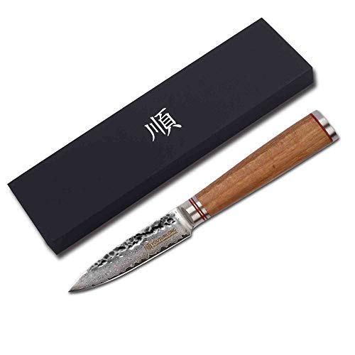 YOUSUNLONG Paring Knives 3.5 Inch - Japanese Hammered Damascus Steel Peeling Knife - Natural Walnut Wooden Handle