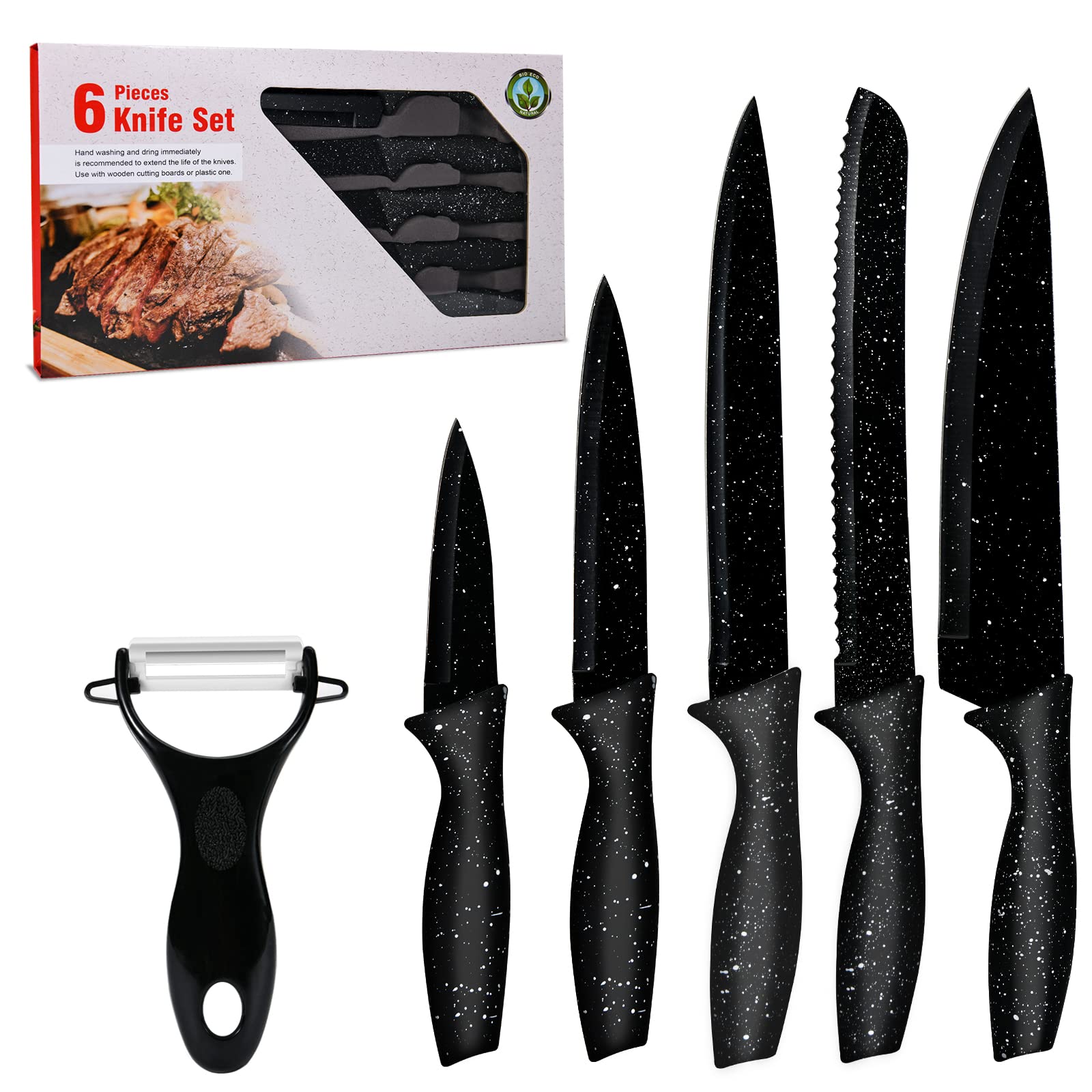 JunJing Kitchen Knife Sets of 6, Sharp Stainless Steel Blade Chef Knife Set, Ergonomic Handle Kitchen set, Chef Kitchen Knives, Dishwasher Safe