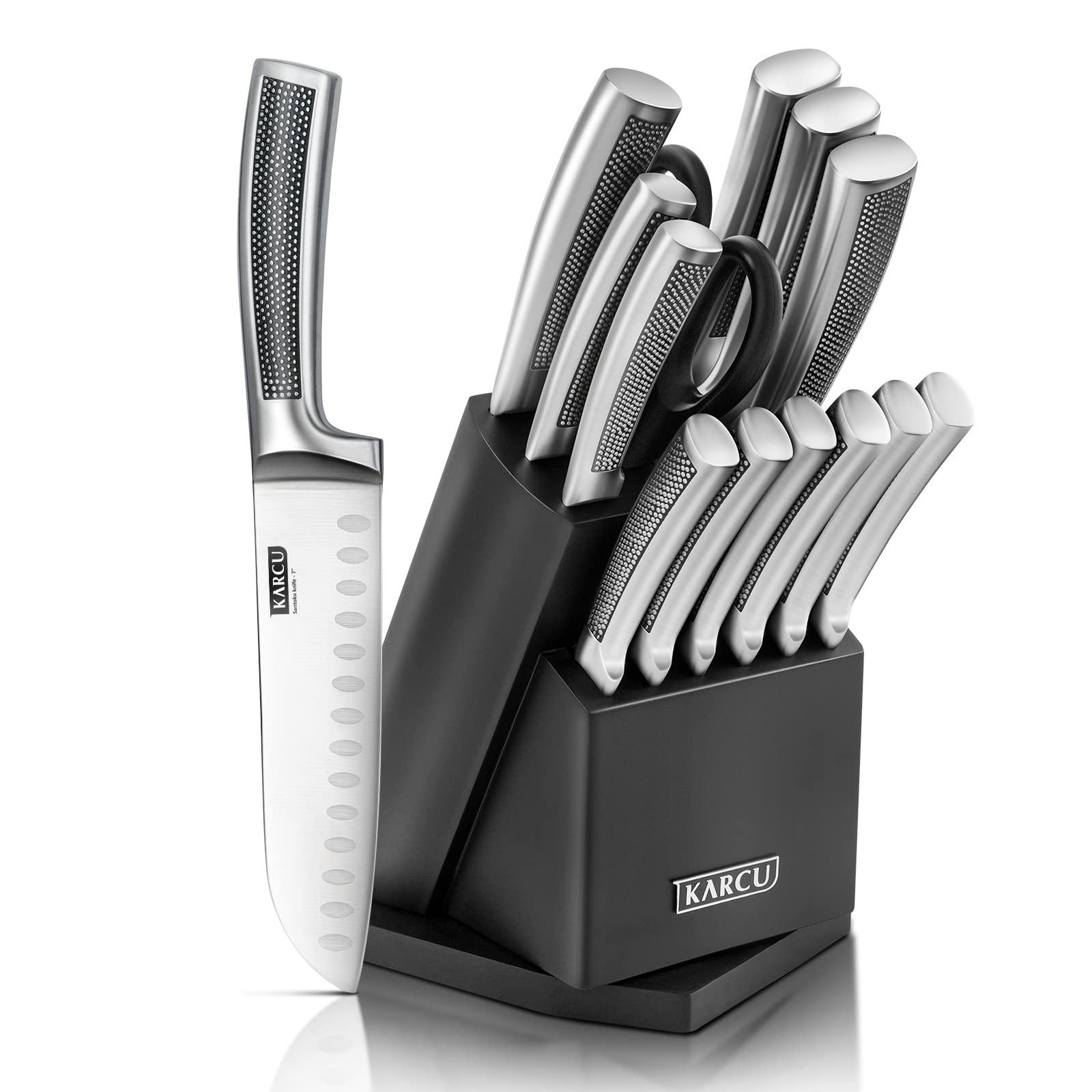 Knife Set, Knife Set for Kitchen, 14-Piece Stainless Steel Kitchen Knife Block Sets with Built-in Sharpener, Rotating Block