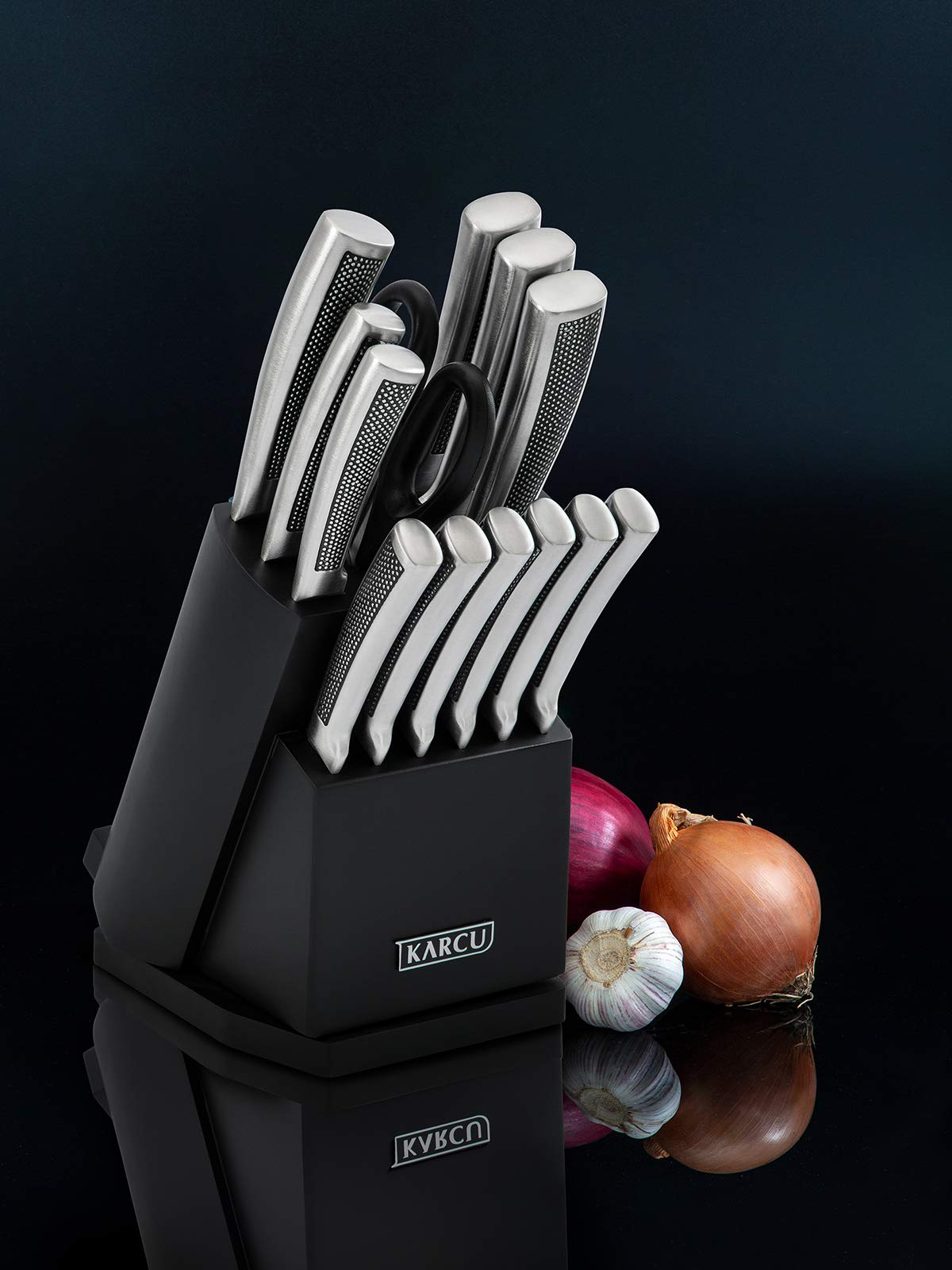 Knife Set, Knife Set for Kitchen, 14-Piece Stainless Steel Kitchen Knife Block Sets with Built-in Sharpener, Rotating Block