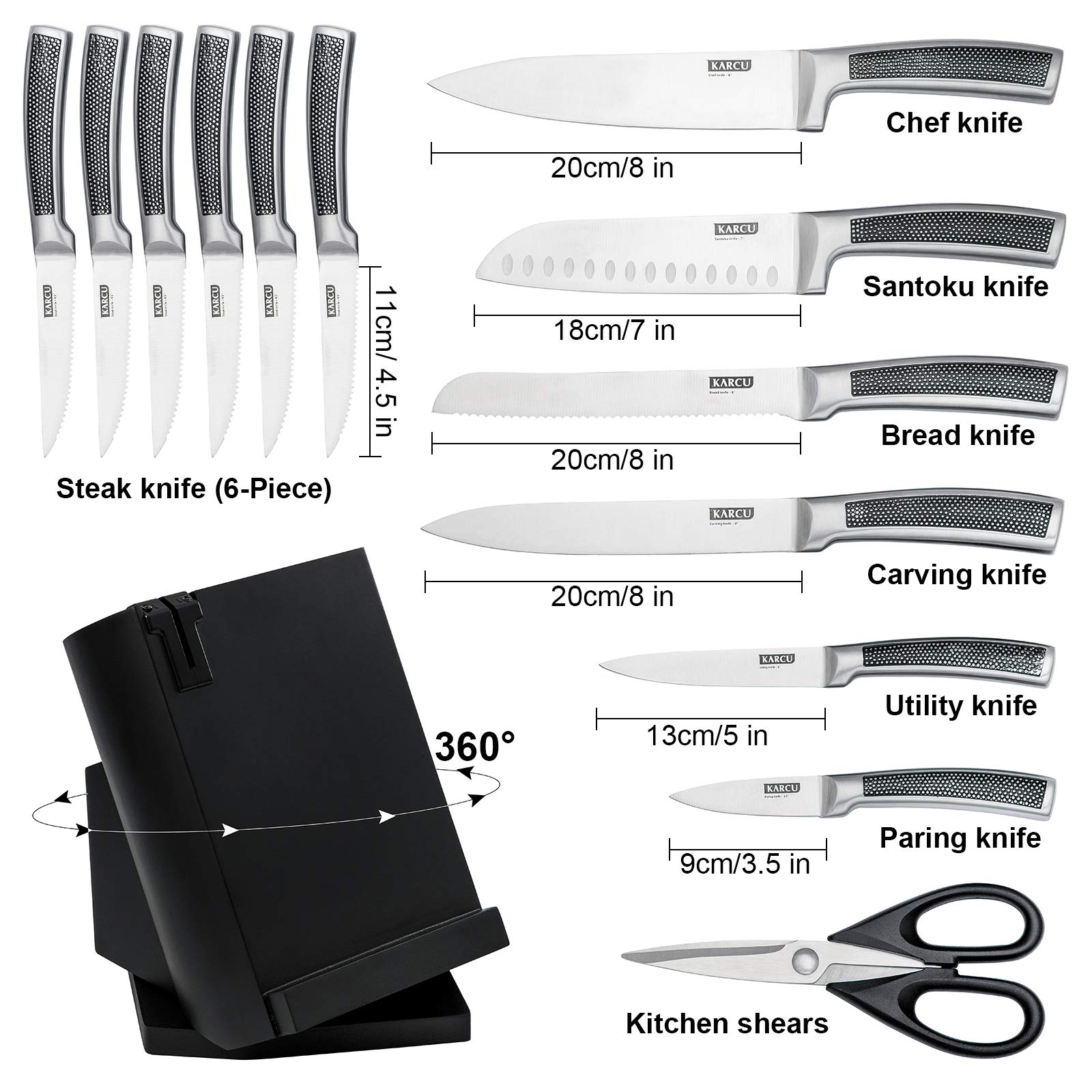 Knife Set, Knife Set for Kitchen, 14-Piece Stainless Steel Kitchen Knife Block Sets with Built-in Sharpener, Rotating Block