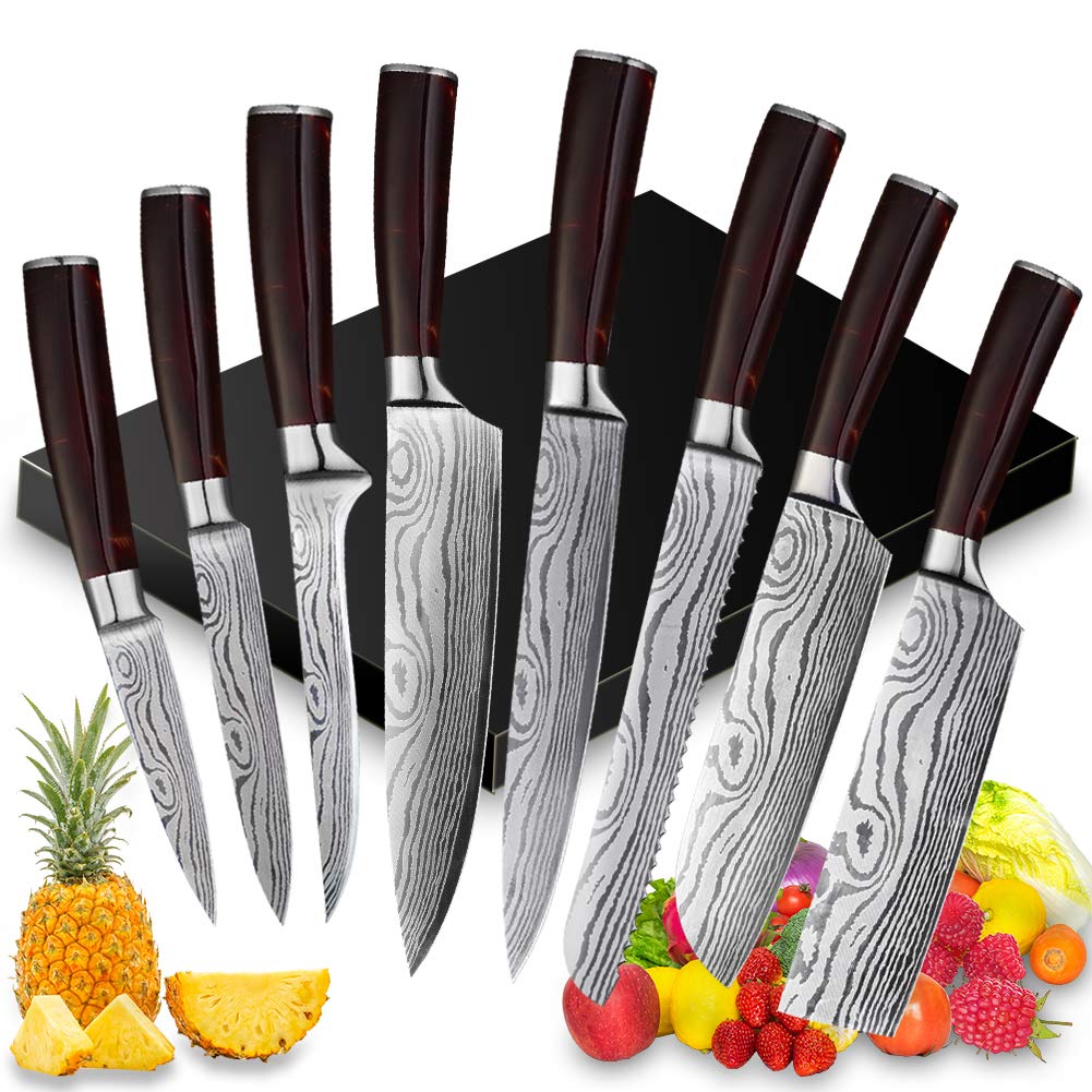 UniqueFire Chef Knife Set 8 PCS, Professional Kitchen Knives set, Ultra-sharp German high carbon stainless steel cooking knives sets for Home & Restaurant, Ergonomic Rose-wood Handle with Gift Box