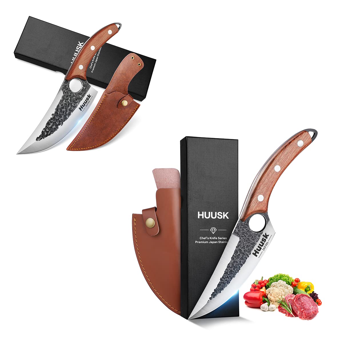 Huusk Upgraded 7.09 Inch Chef Knives Bundle with 5.51 Inch Kitchen Camping Cooking Knife with Leather Sheath and Gift Box