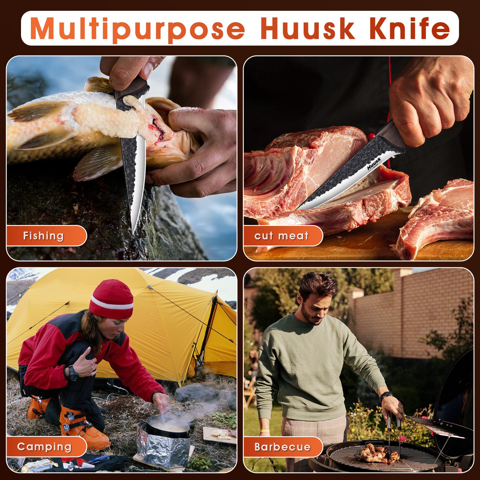 Huusk Boning Knife for Meat Cutting Bundle with Sharp Fillet Knives for Meat, Fish, Poultry