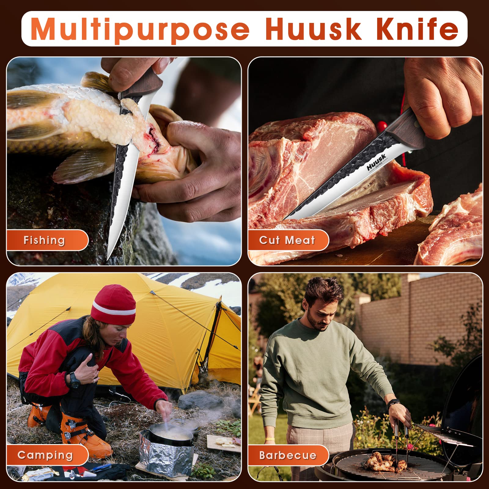 Huusk Boning Knife for Meat Cutting Bundle with Sharp Fillet Knives for Meat, Fish, Poultry