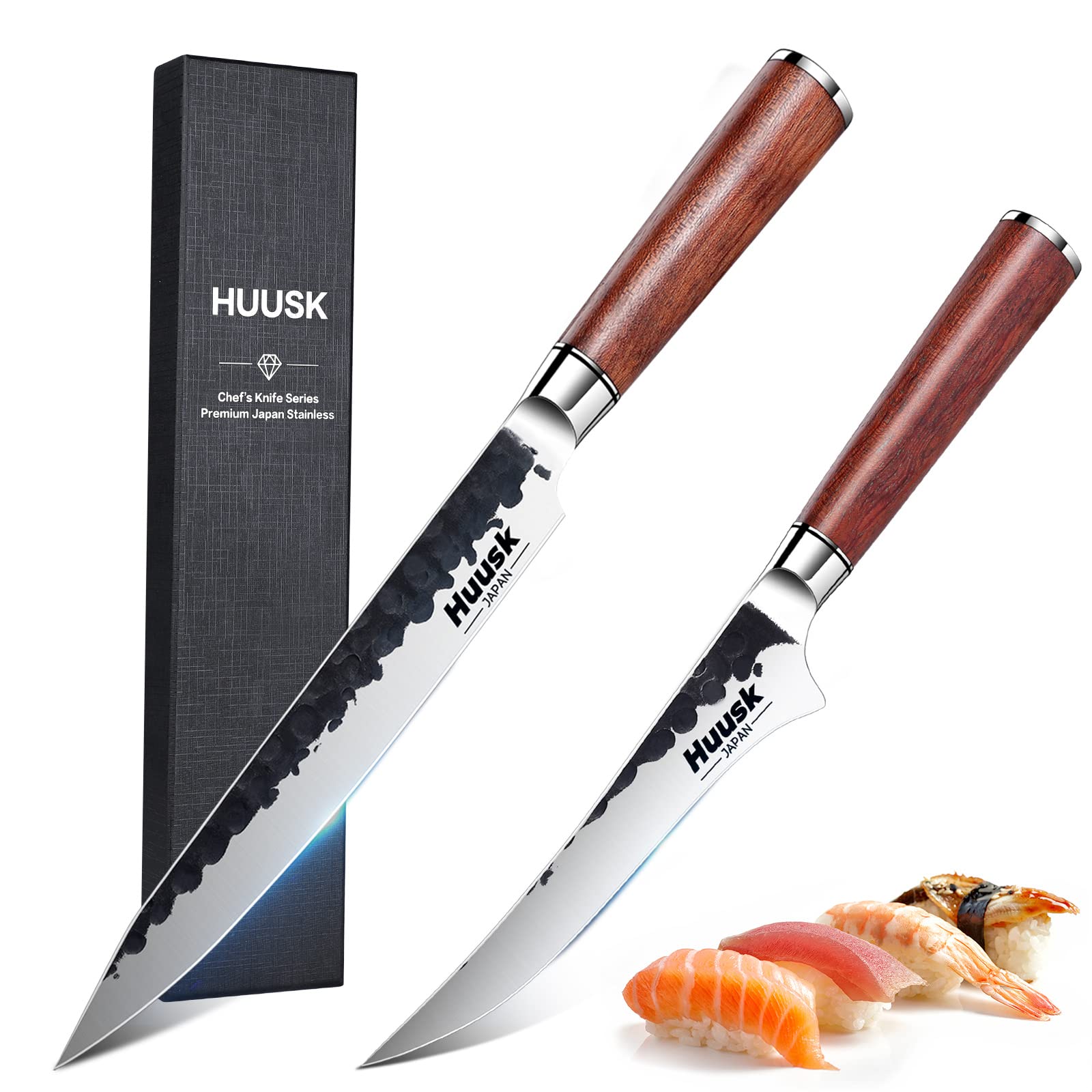 Huusk Japanese Slicing Knife 8 Inch Sushi Knife & 6" Boning Fillet Knife, Hand Forged Sashimi Knife & Butcher Knife, Deboning Knife for Meat with Gift Box