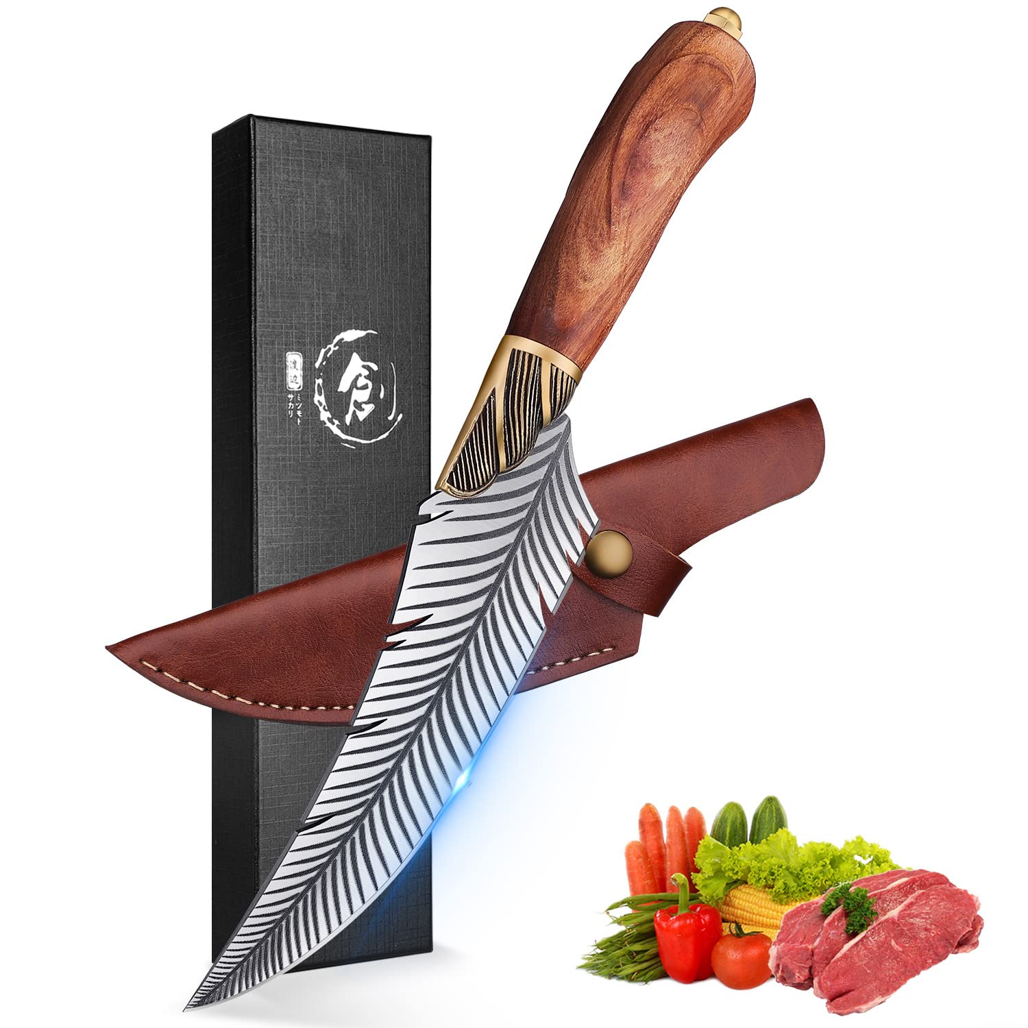 ROCOCO Feather Viking Boning Knife Japanese Forged in Fire Fancy Handmade Butcher Cleaver with Sheath Kitchen Outdoor Camping BBQ Collection Birthday Thanksgiving Christmas Day Gift 5.9"