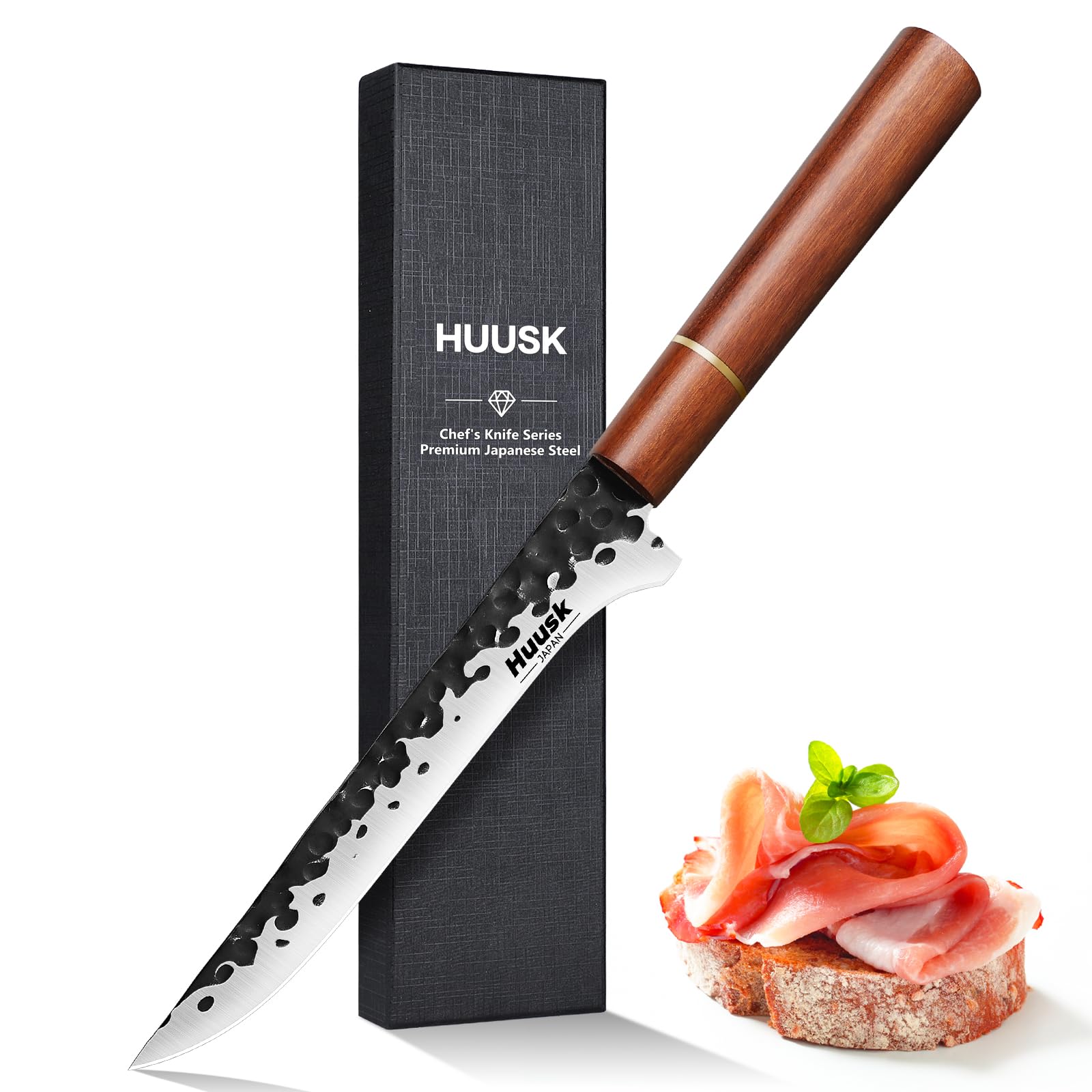 Huusk Boning Knife for Meat Cutting, 7 Inch Fillet Knife Hand Forged Carbon Steel Butcher Knife, Brisket Trimming Knife for Meat and Poultry Fish with Rosewood Handle Gift Box