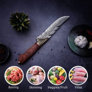 PURPLEBIRD Feather Boning Butcher Knife with Leather Sheath Hand Forged Japanese Viking Knife Outdoor Knife Carbon Steel Meat Cutting Cleaver for Camping, BBQ, Collection