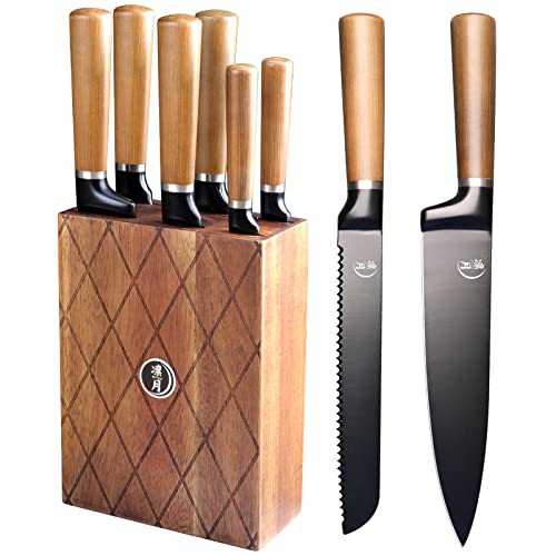 Knife Set, RITSU 7 Pieces Kitchen Knife Set with Block - Ultra Sharp Professional Chef Knife Set with Black Non-stick Coating Blade